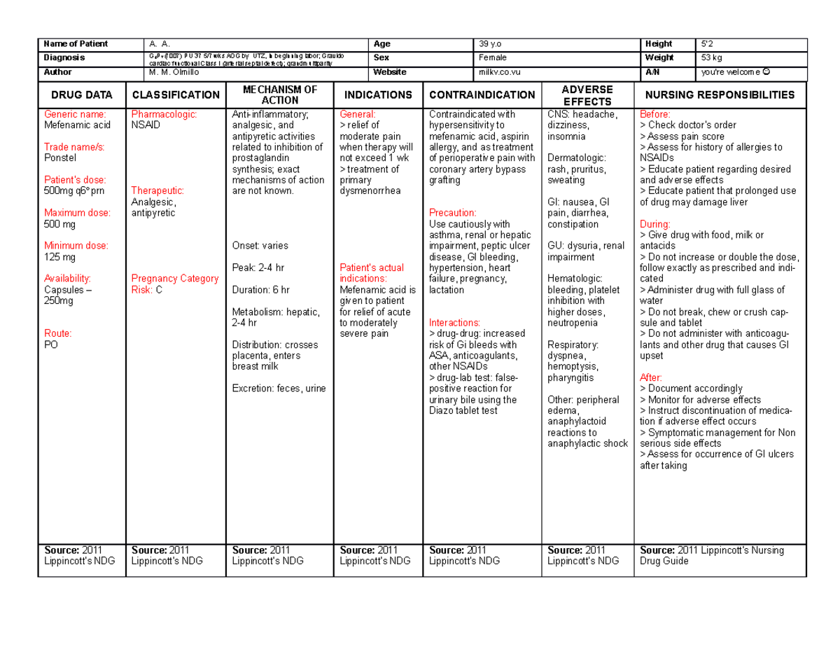 264889186 Mefenamic Acid Drug Study - Name of Patient A. A. Age 39 y ...