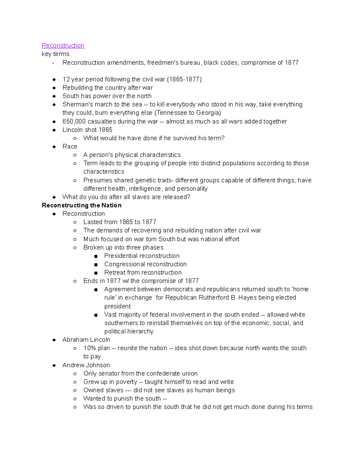 Reconstruction - History 151 - Reconstruction key terms ...