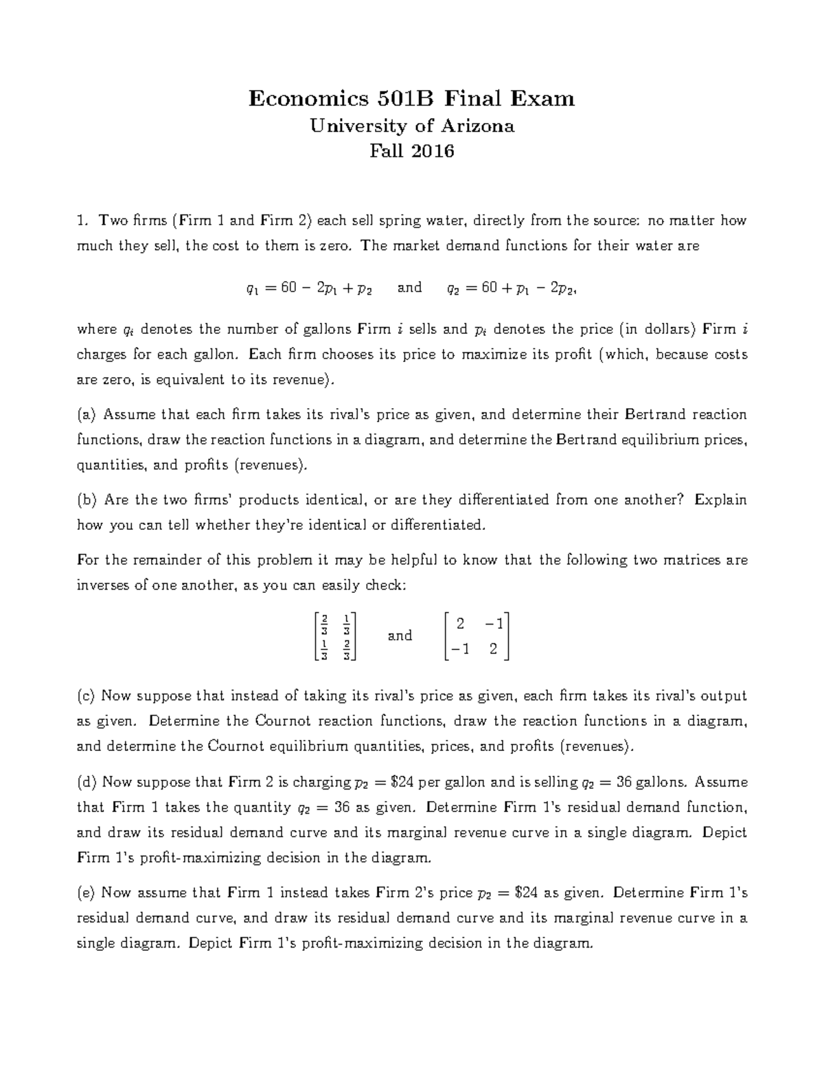 2016 Final Exam Econ 501b - Economics 501B Final Exam University of ...