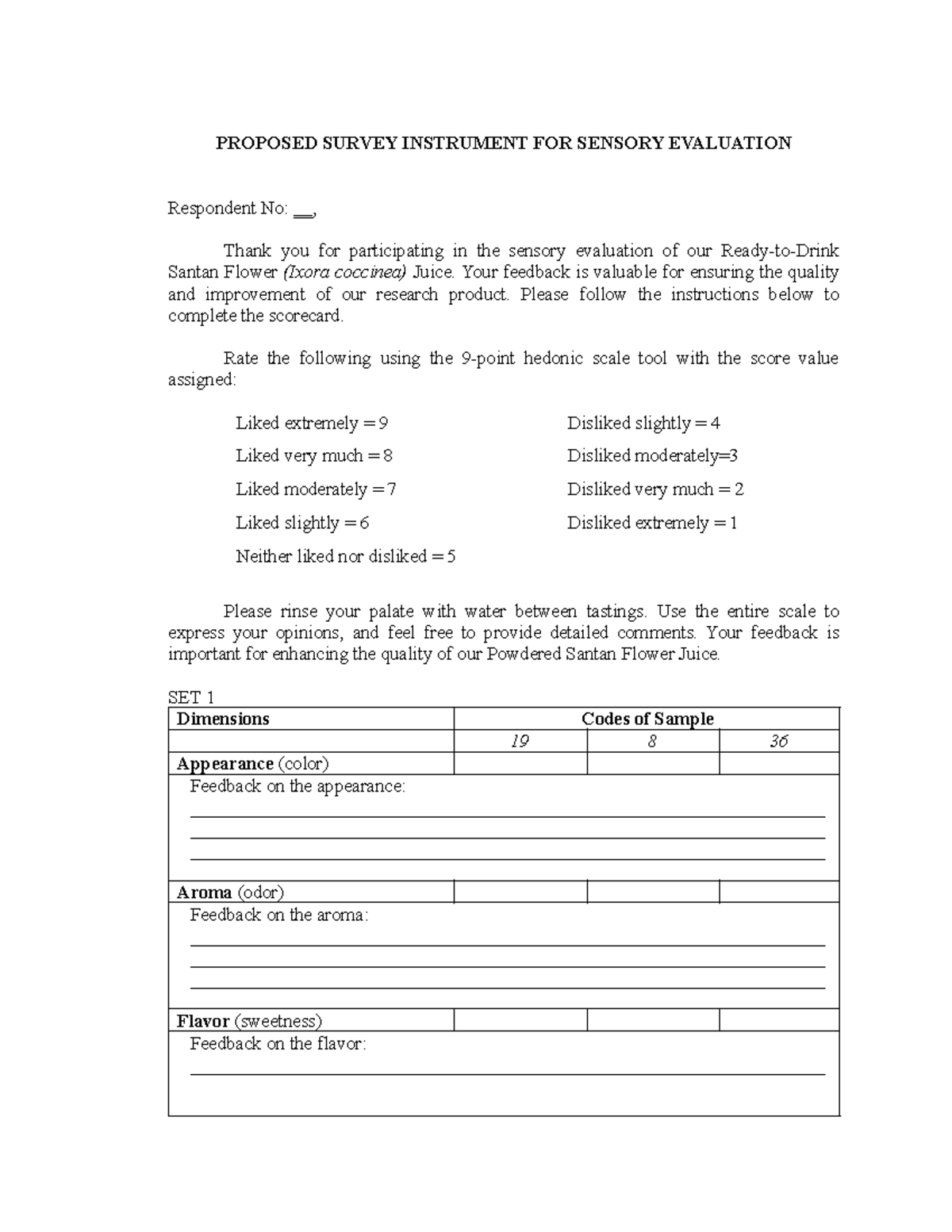 Sample of survey - PROPOSED SURVEY INSTRUMENT FOR SENSORY EVALUATION ...