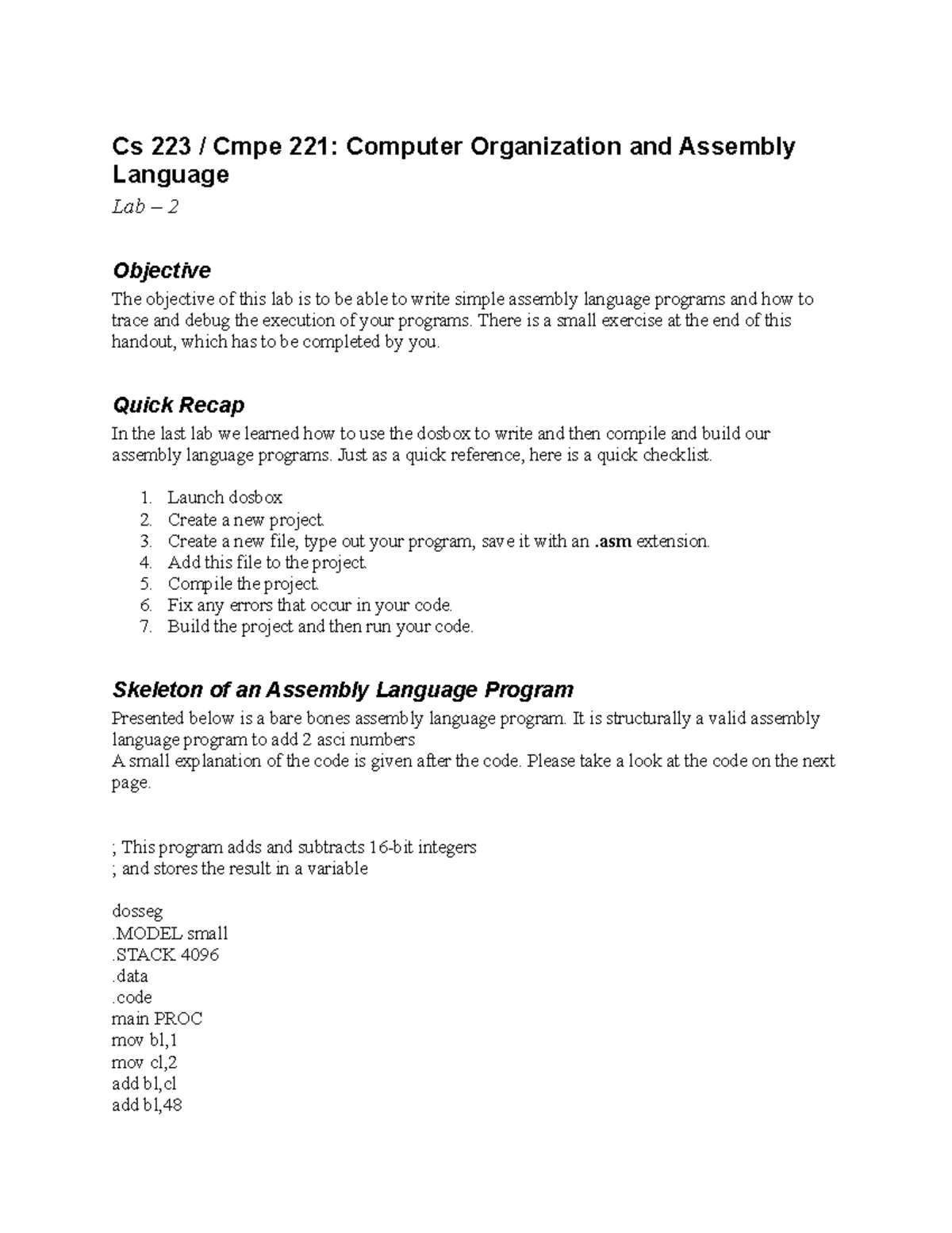 Lab2 task - adasd - Cs 223 / Cmpe 221: Computer Organization and Assembly Language Lab – 2 ...