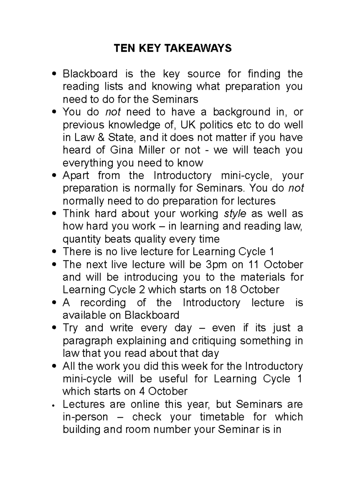 Introduction Mini-cyle 10 key takeaways - TEN KEY TAKEAWAYS Blackboard ...