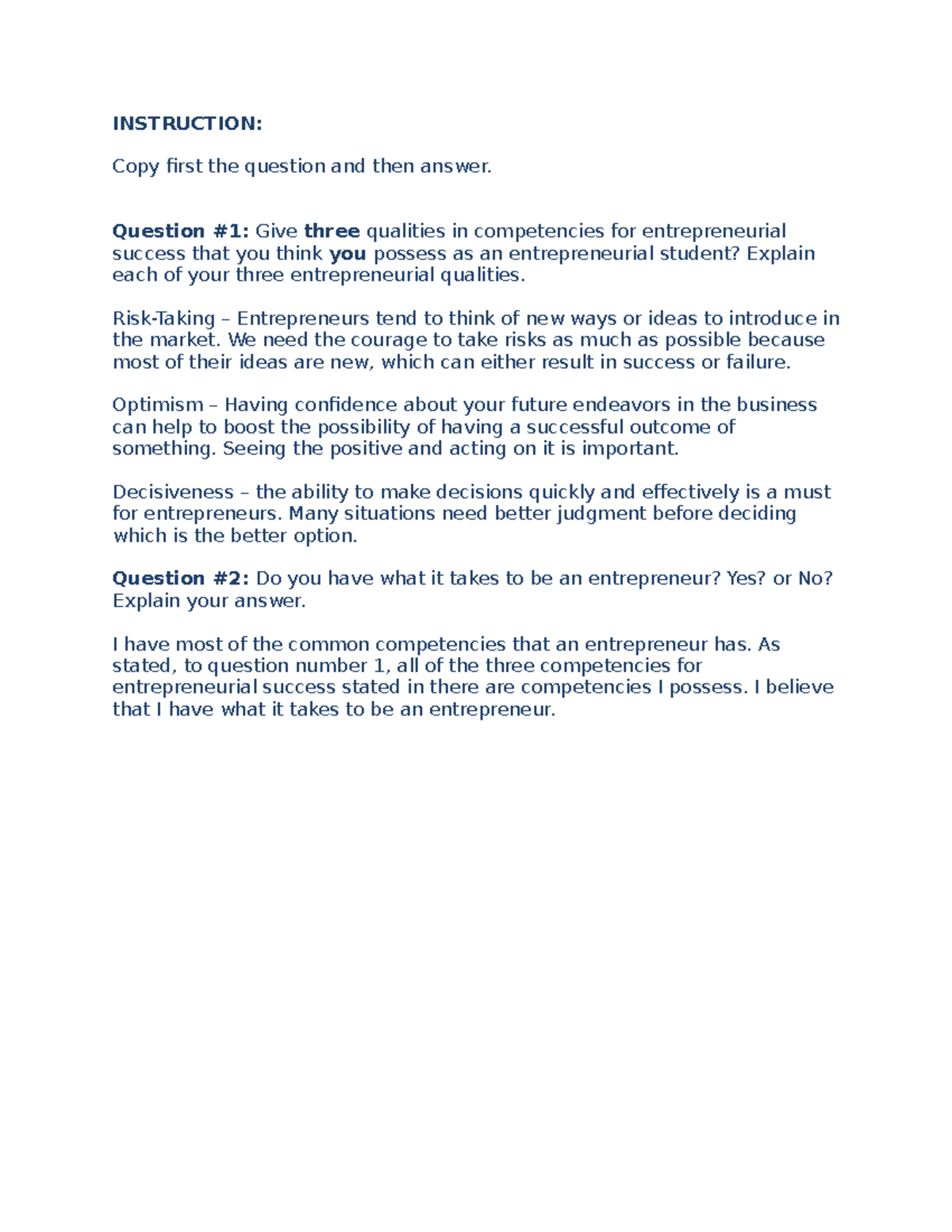 Individual Activity 1 Intro to Entrepreneurship - INSTRUCTION: Copy ...