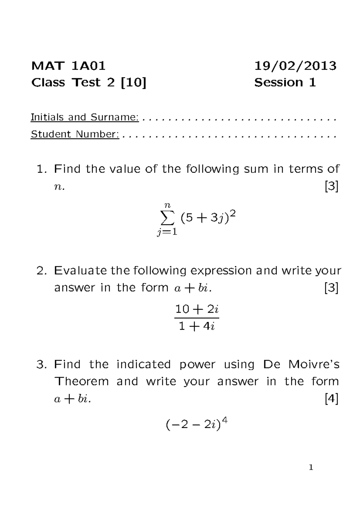 Class Test 2 - 90137 - MAT 1A01 19/02/ Class Test 2 [10] Session 1 ...
