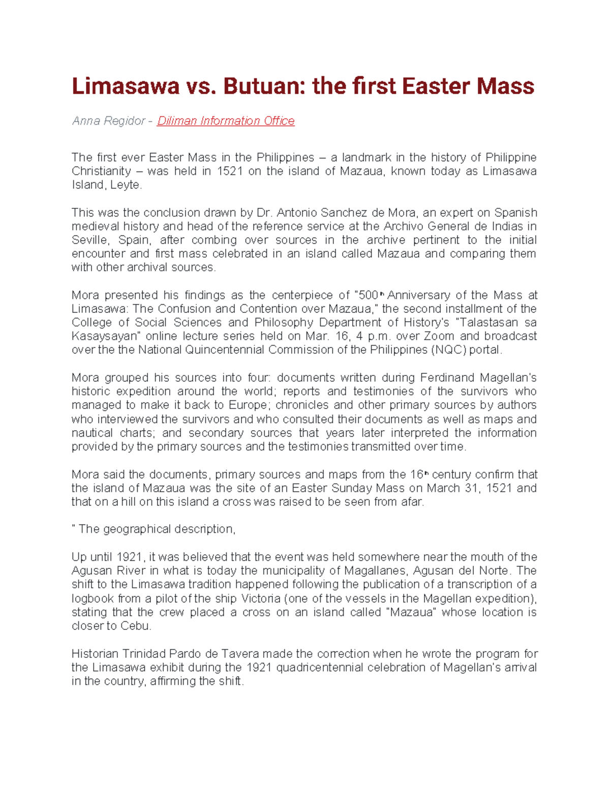 First-Mass - Notes - Limasawa vs. Butuan: the first Easter Mass Anna ...