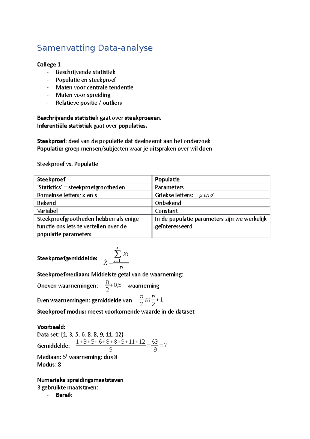 Samenvatting Data-analyse - Samenvatting Data-analyse College 1 - Beschrijvende statistiek ...