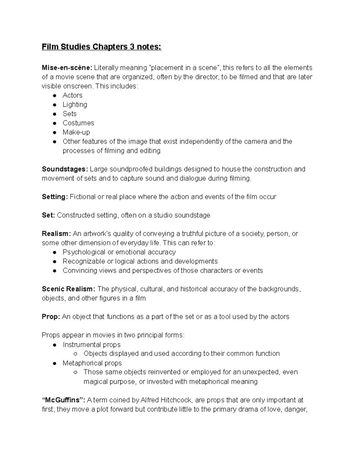 Chapters 3 and 4 Notes - Film Studies Chapters 3 notes: Mise-en-scène ...
