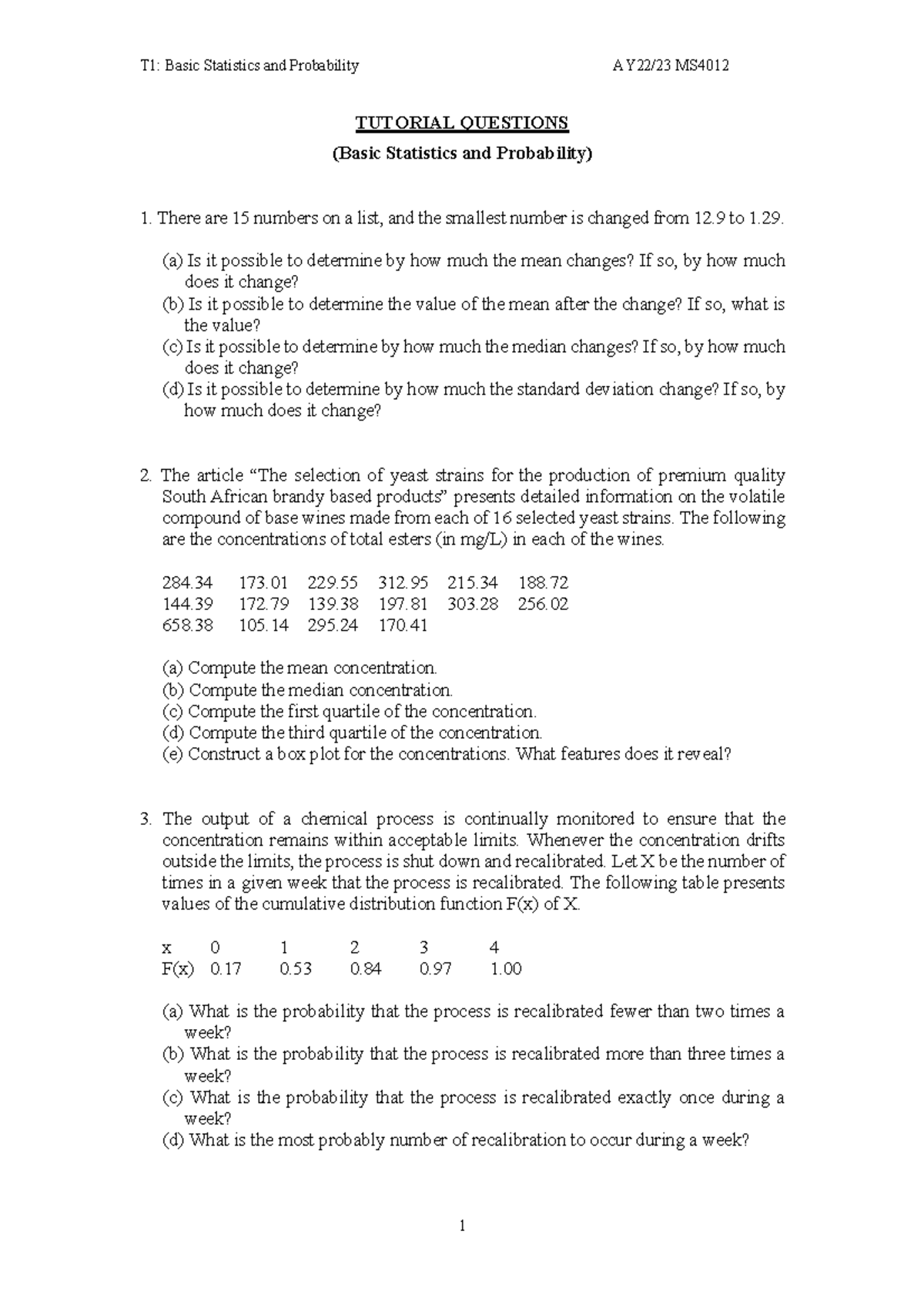 Tutorial 1 - First Part - TUTORIAL QUESTIONS (Basic Statistics and ...