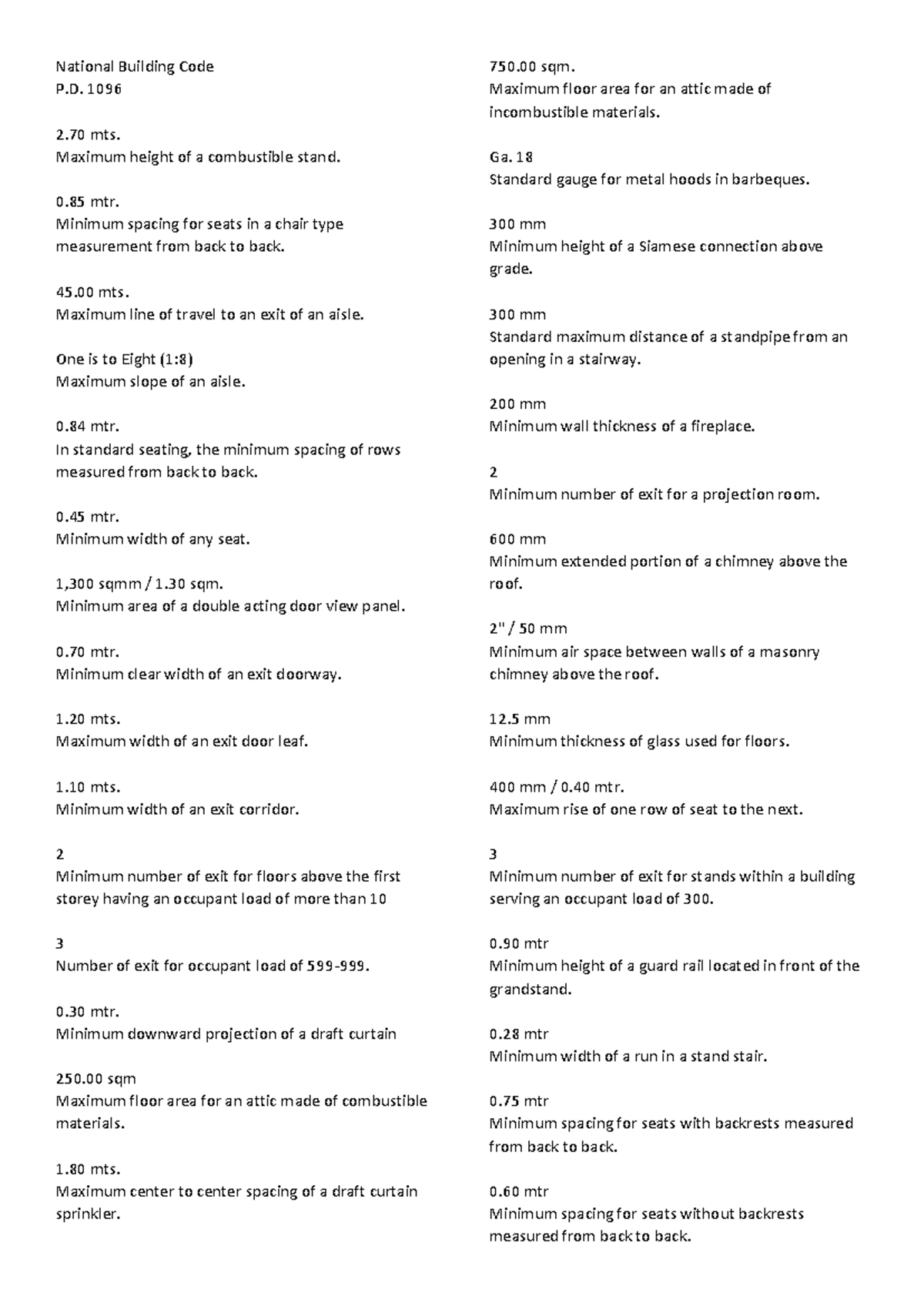 National Building Code Summary - National Building Code P. 1096 2 mts ...