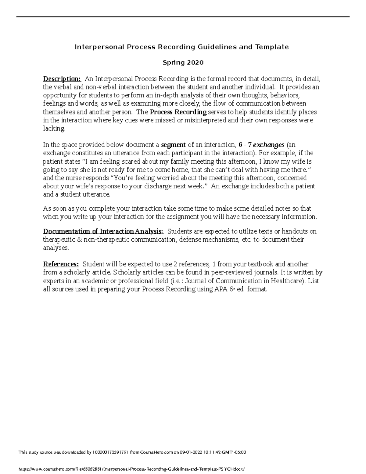 Interpersonal Process Recording Guidelines and Template Psych ...