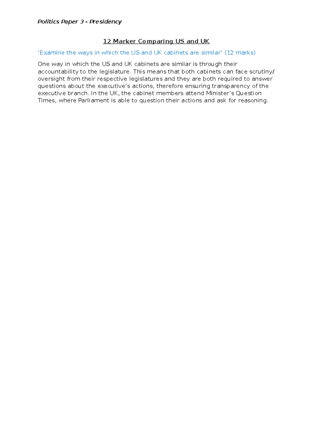 12 Marker Comparing US and UK cabinets - Politics Paper 3 - Presidency ...