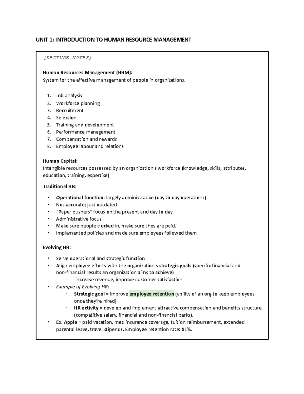 MOS1O21 Midterm 1 Notes - UNIT 1: INTRODUCTION TO HUMAN RESOURCE ...