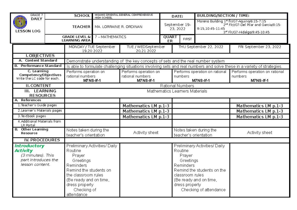 DLL-Aug - dll for teachers - GRADE 7 DAILY LESSON LOG SCHOOL MISAMIS ...