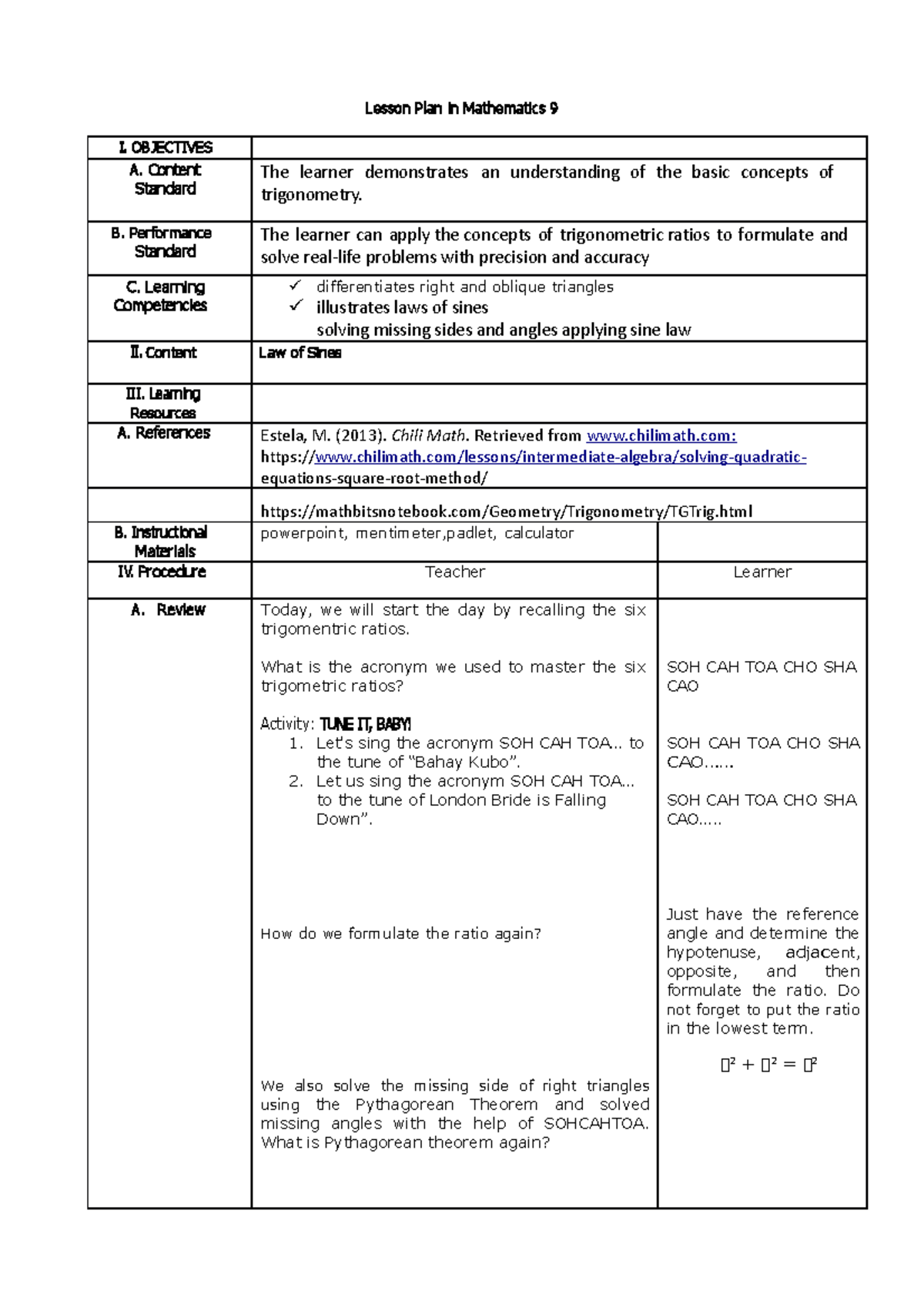 Law of Sines - USE AS REFERRENCE - Lesson Plan in Mathematics 9 I ...