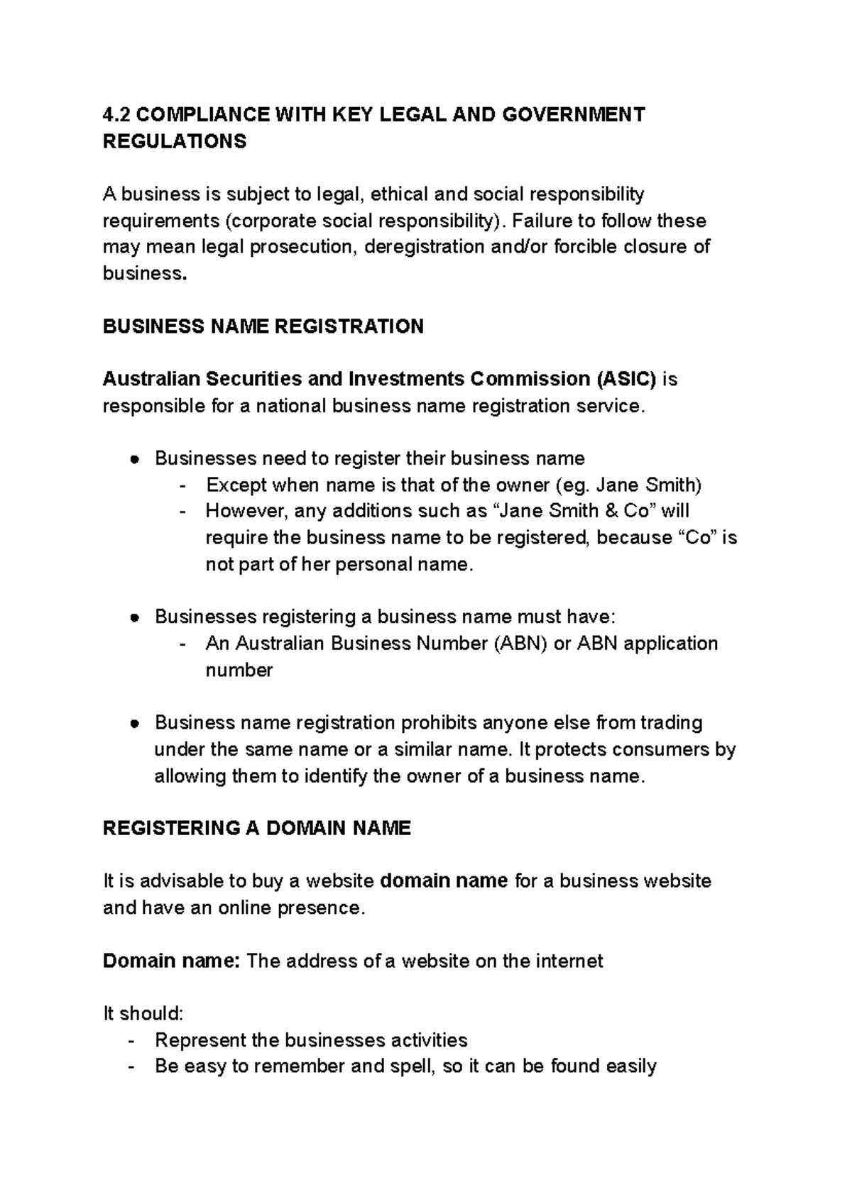 Busniess Unit 2 Outcome 1 SAC Study - 4 COMPLIANCE WITH KEY LEGAL AND ...