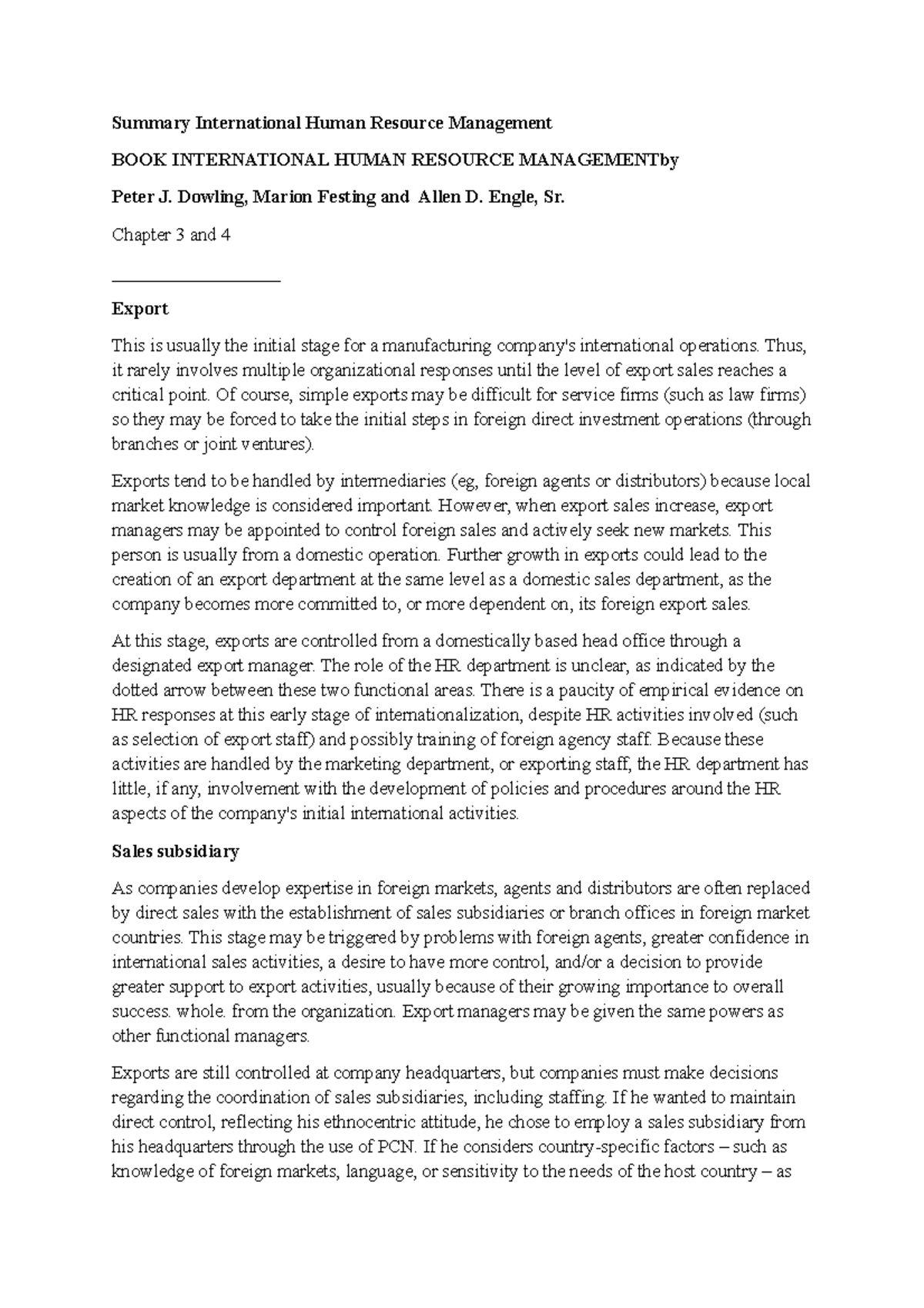 Summary Chapeter 3 and 4 International Human Resource Management ...