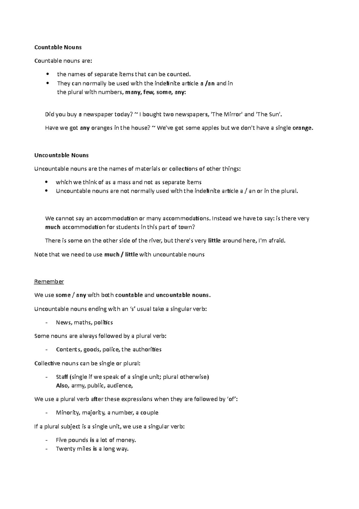 Countables and uncountables - Countable Nouns Countable nouns are: the ...