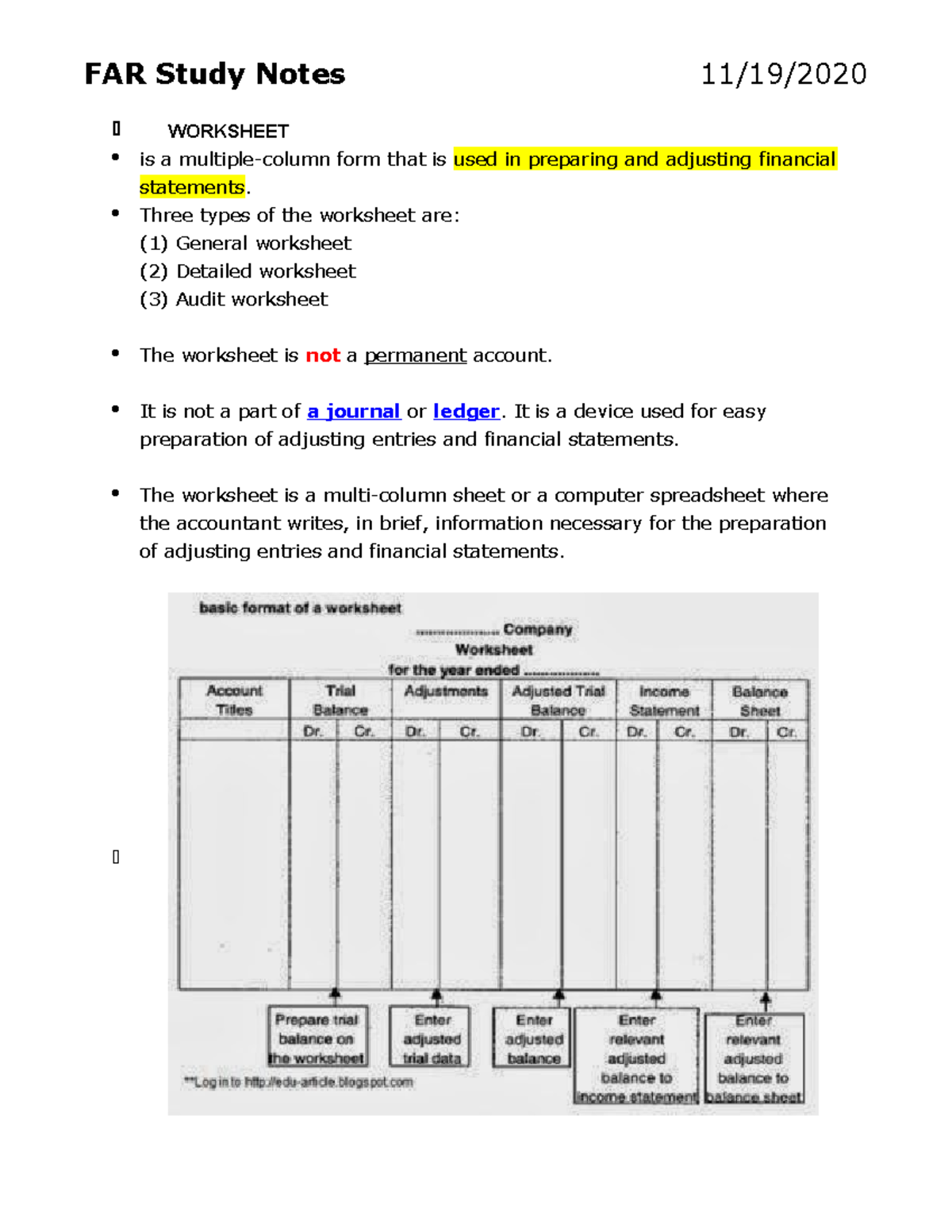 FAR Notes - FAR Study Notes 11/19/ WORKSHEET is a multiple-column form ...