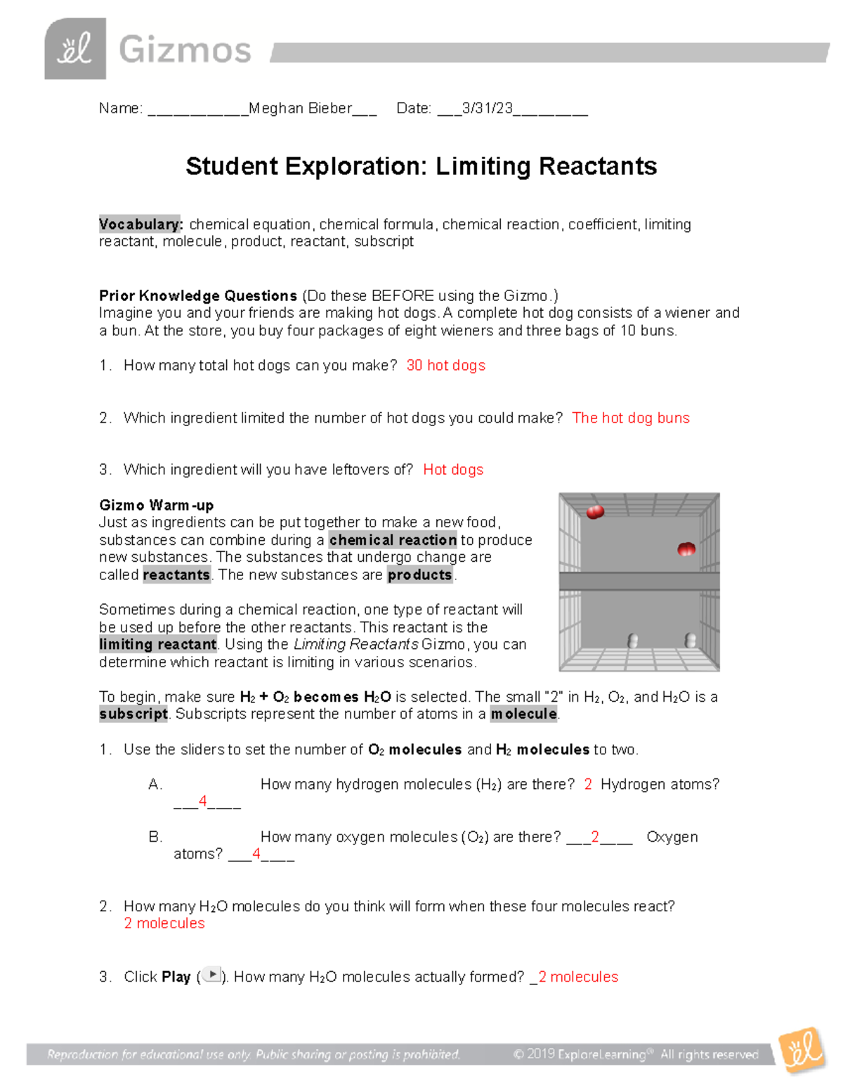 Gizmo Limiting Reactants-1 - Name: ___Meghan Bieber Date: 3/31/23 ...