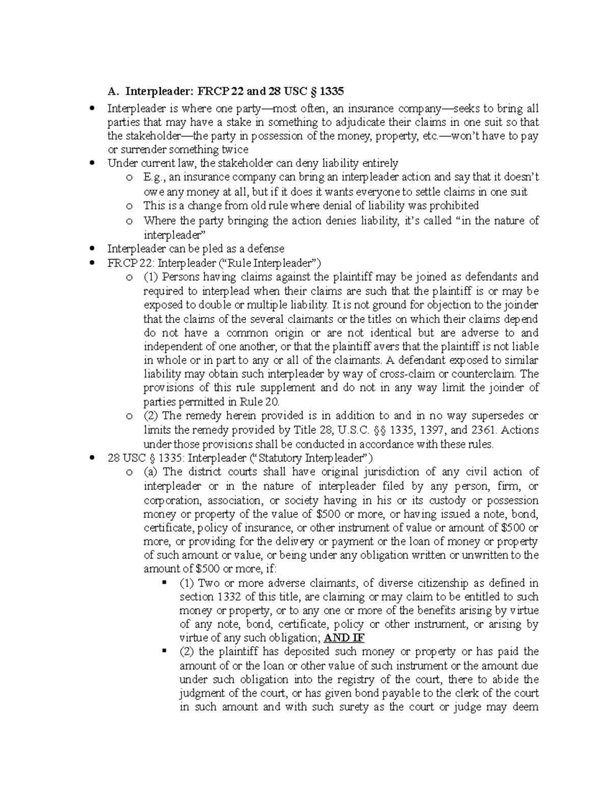 Civil Procedure Law Outline - 16 - A. Interpleader: FRCP 22 and 28 USC ...
