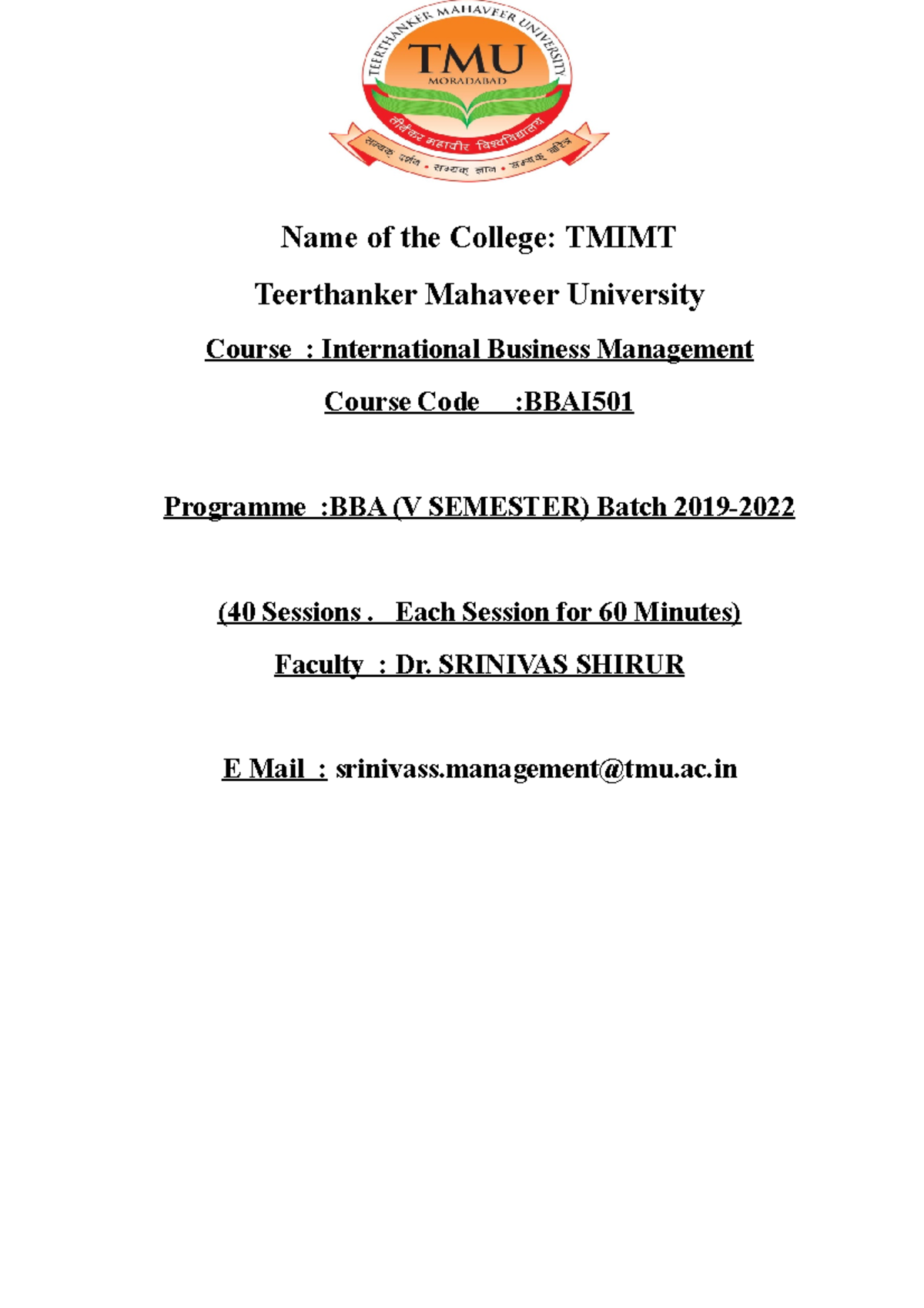 IBM BBA Course handoout - BBA BBAI501 - Name of the College: TMIMT ...