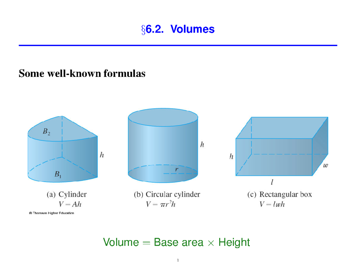 6 - lecture slides - §6. Volumes Some well-known formulas Volume = Base ...