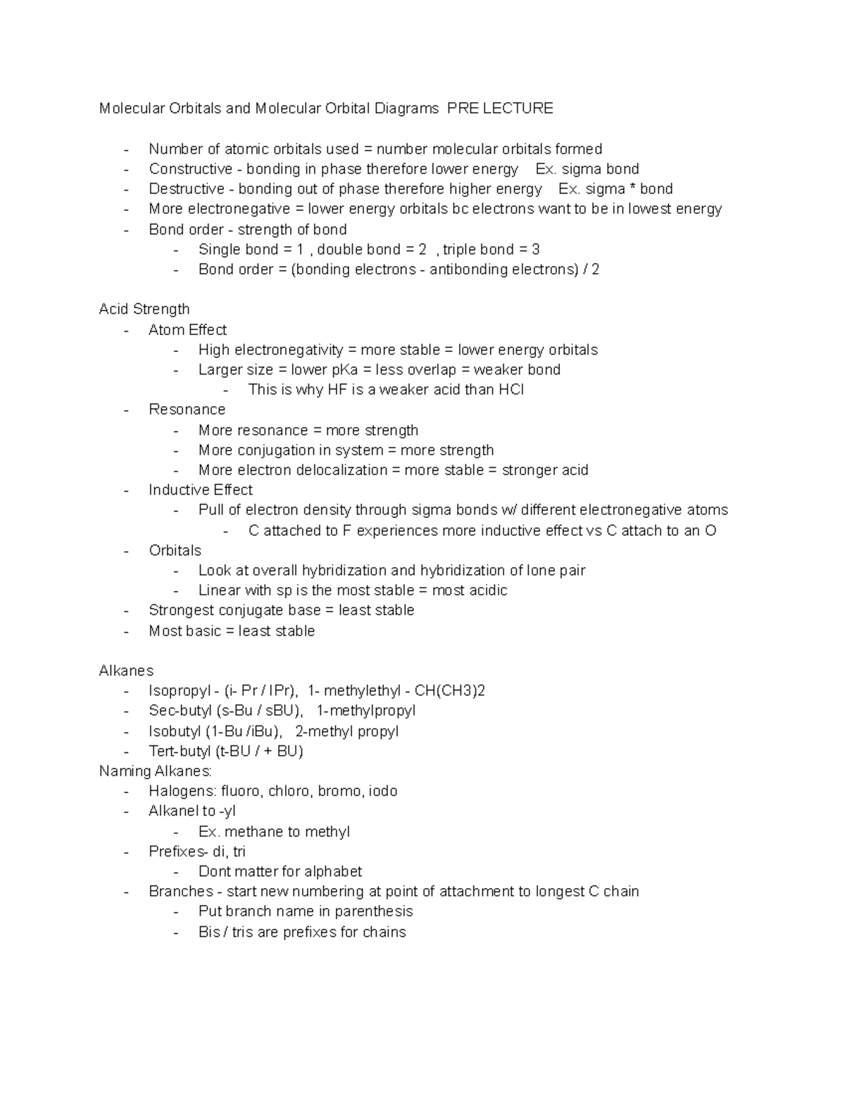 CHEM 232 Lecture Notes- Molecular Orbitals, Acid Strength, and Alkanes ...