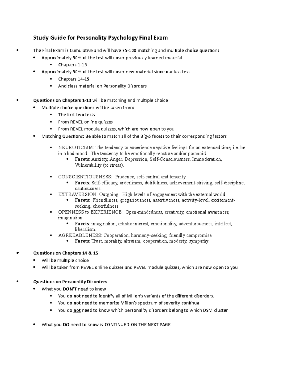 Psych Final Exam Study Guide FA 2016-4 - Study Guide for Personality ...