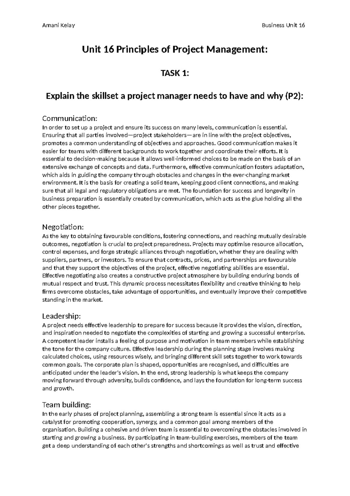 businesss unit 16 - Unit 16 Principles of Project Management: TASK 1 ...
