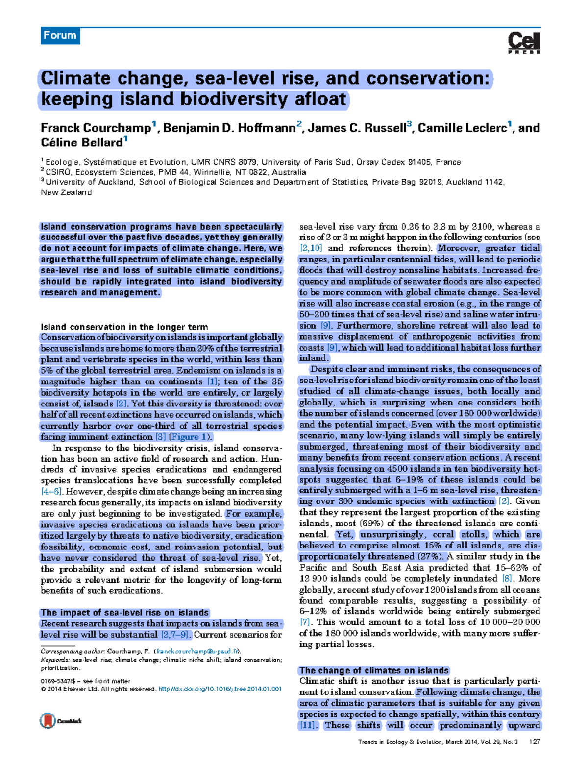 Biosci 109 Courchamp et al. 2014 Trends in Ecol Evol - Climate change ...