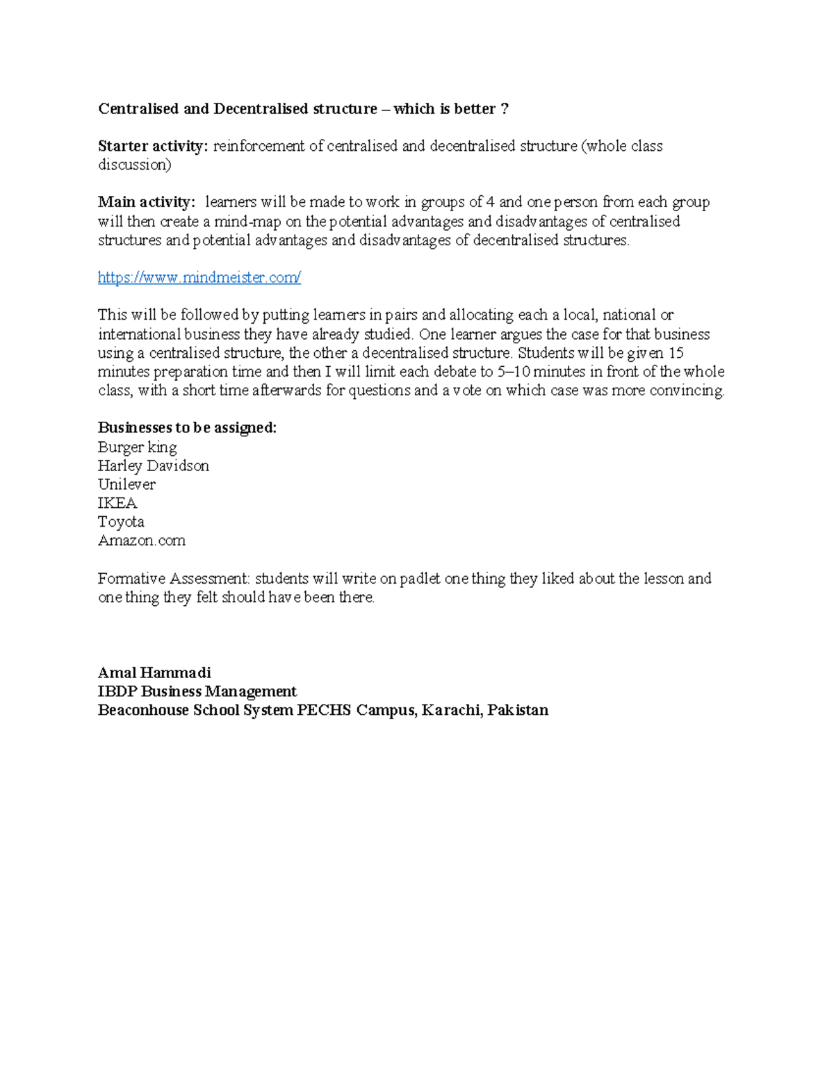 Centralised and Decentralised structure lesson plan - Centralised and ...