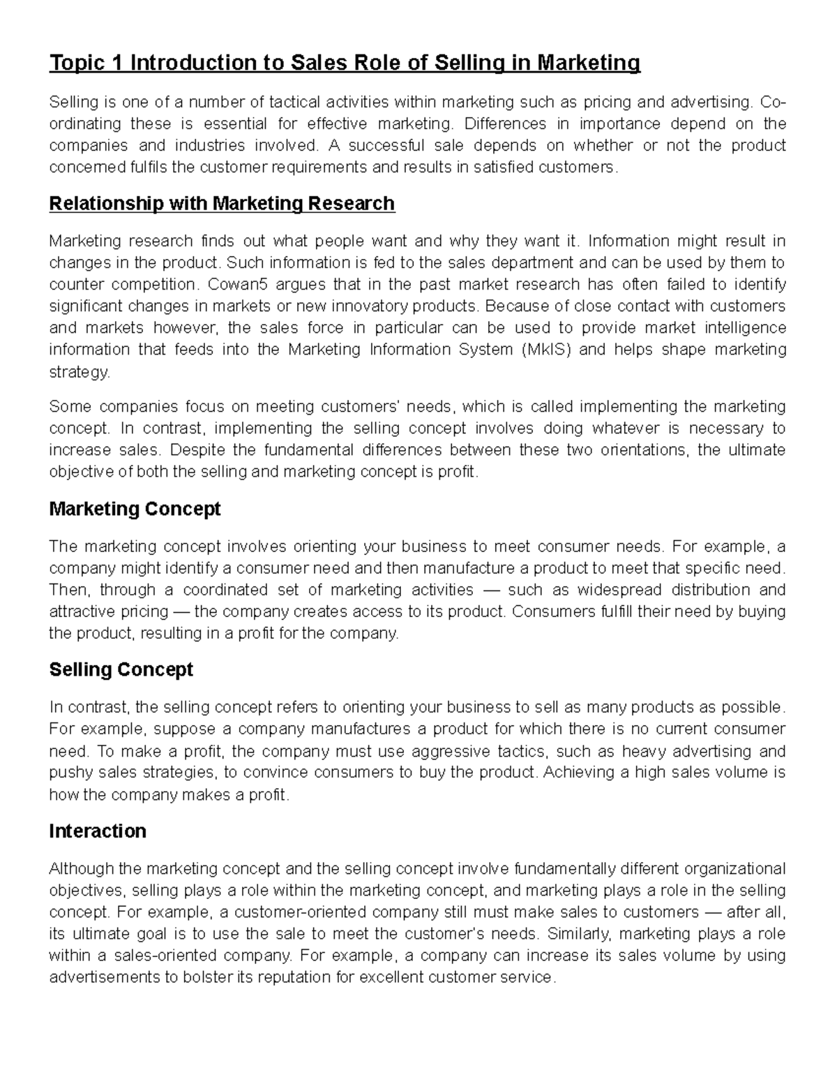 UNIT 1 - Lecture notes 1 - Topic 1 Introduction to Sales Role of ...