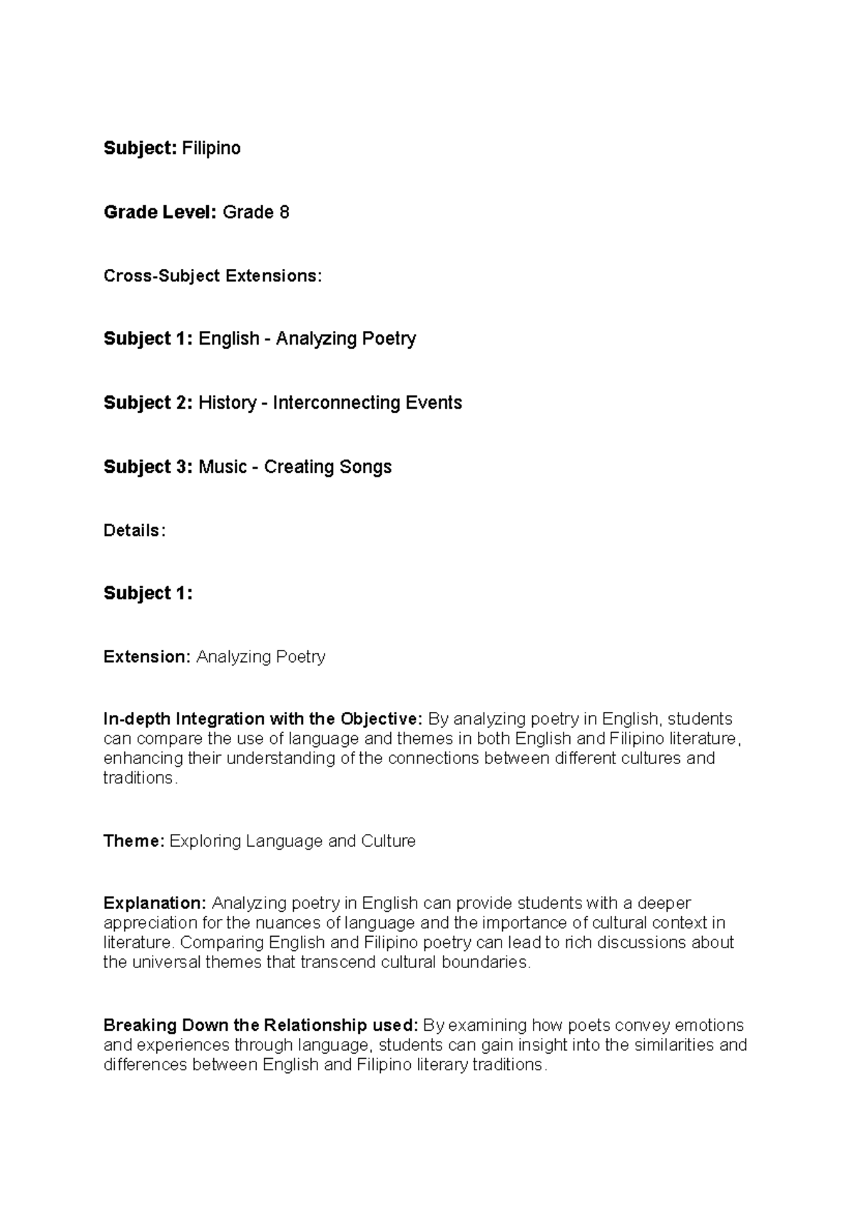 Cross subject extention Filipino - Subject: Filipino Grade Level: Grade ...