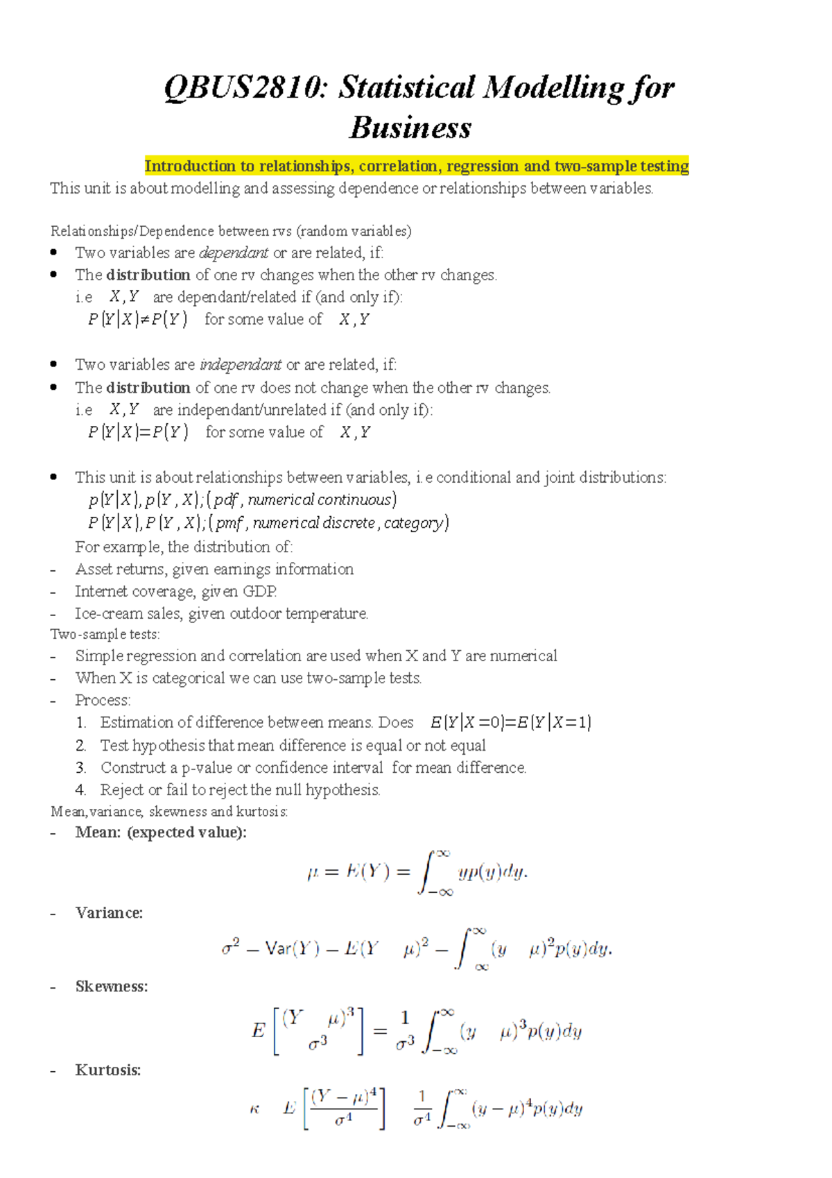 Qbus 2810 Notes - From the lectures with few simplifications - QBUS2810 ...