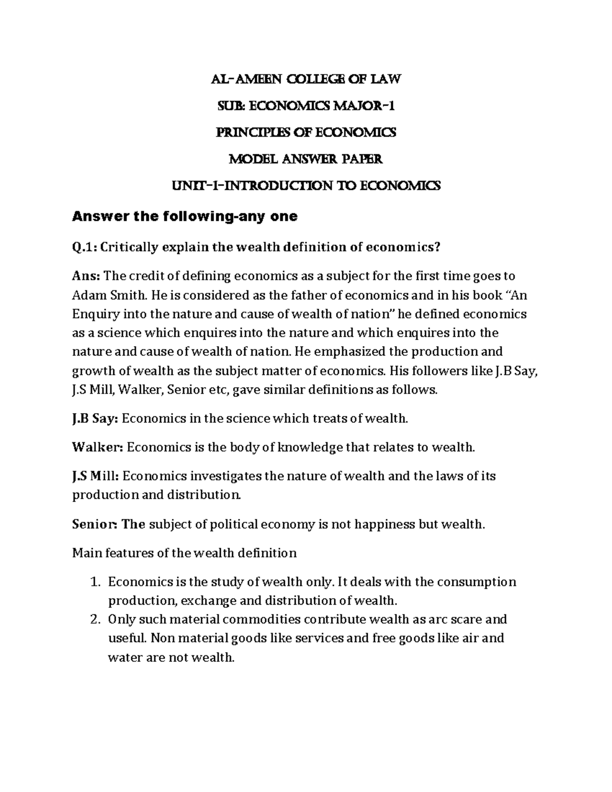 Economics model paper solved - Al-Ameen College of Law Sub: Economics ...