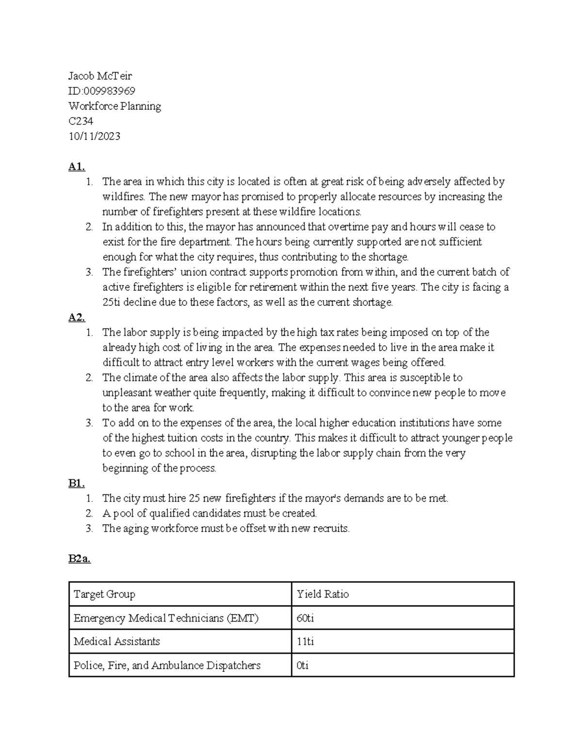 C234 Task 1 - Task 1 - Jacob McTeir ID: Workforce Planning C 10/11/ A1 ...