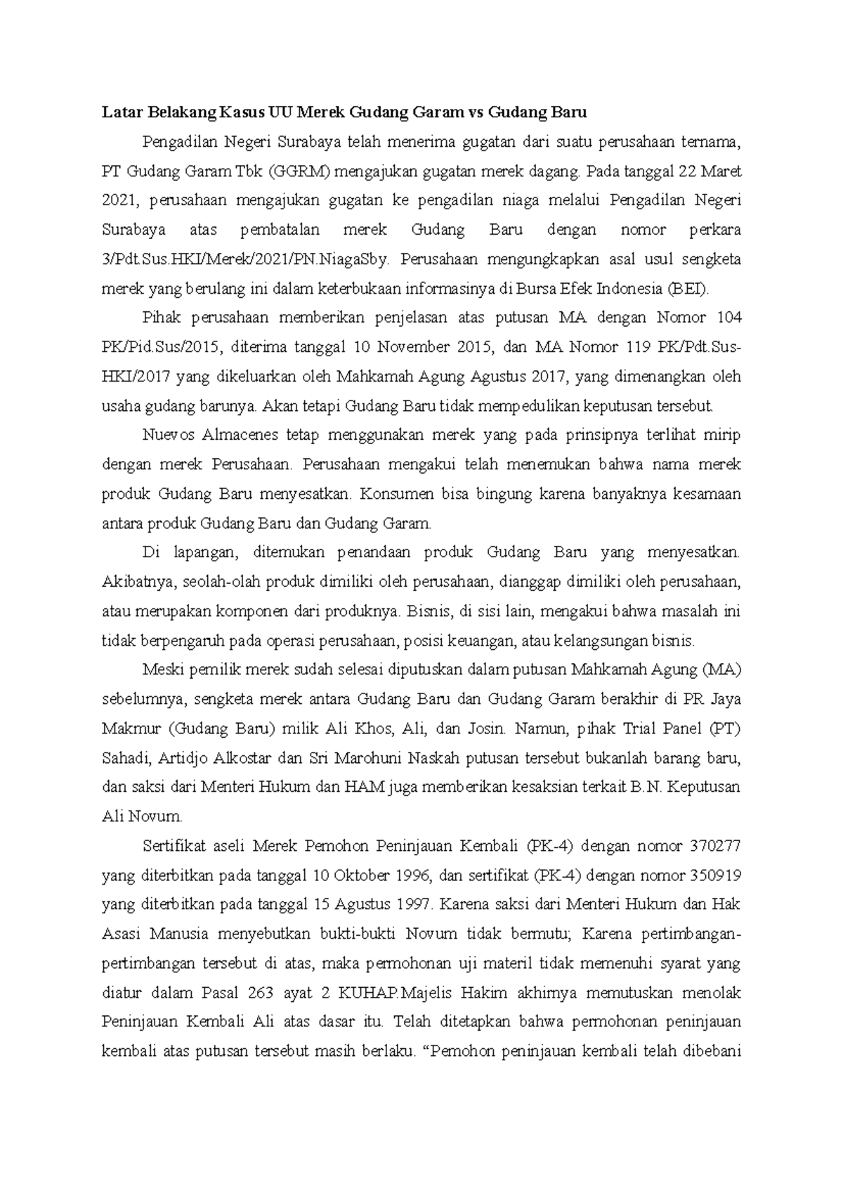 Latar Belakang Kasus UU Merek Gudang Garam vs Gudang Baru - Pada ...
