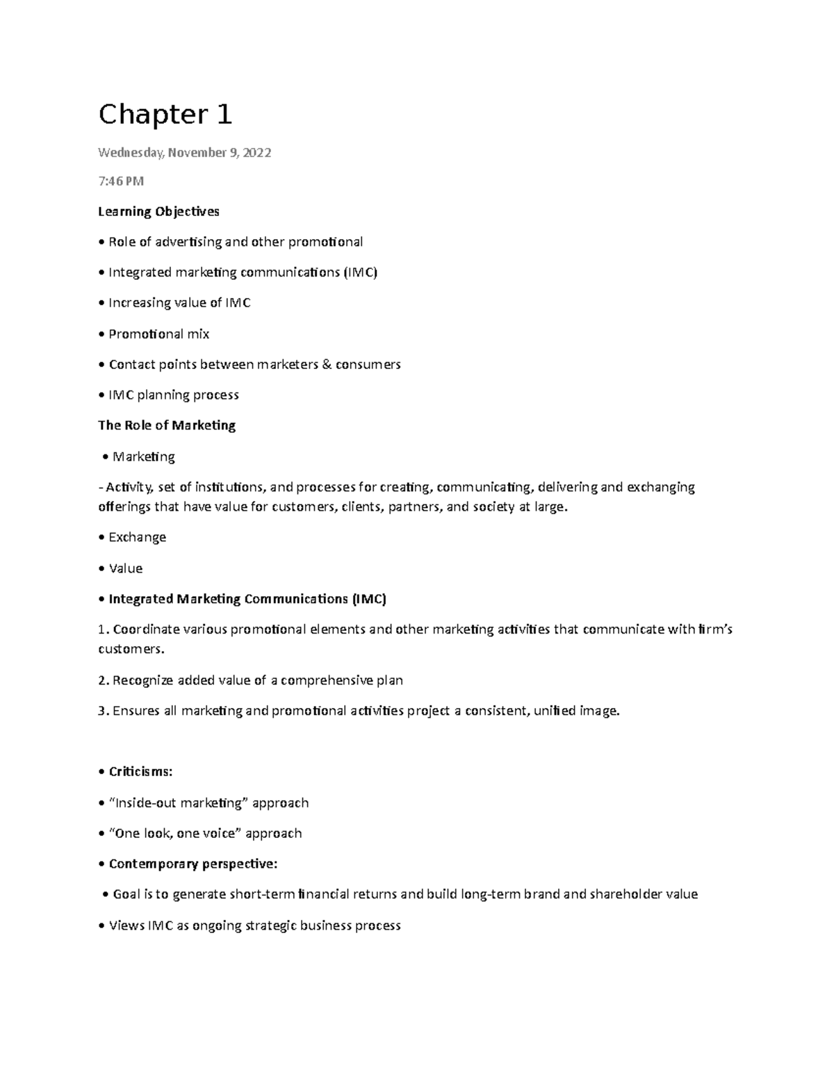 CH1 - McGraw Hill CH.1 notes Integrated Marketing Communications ...