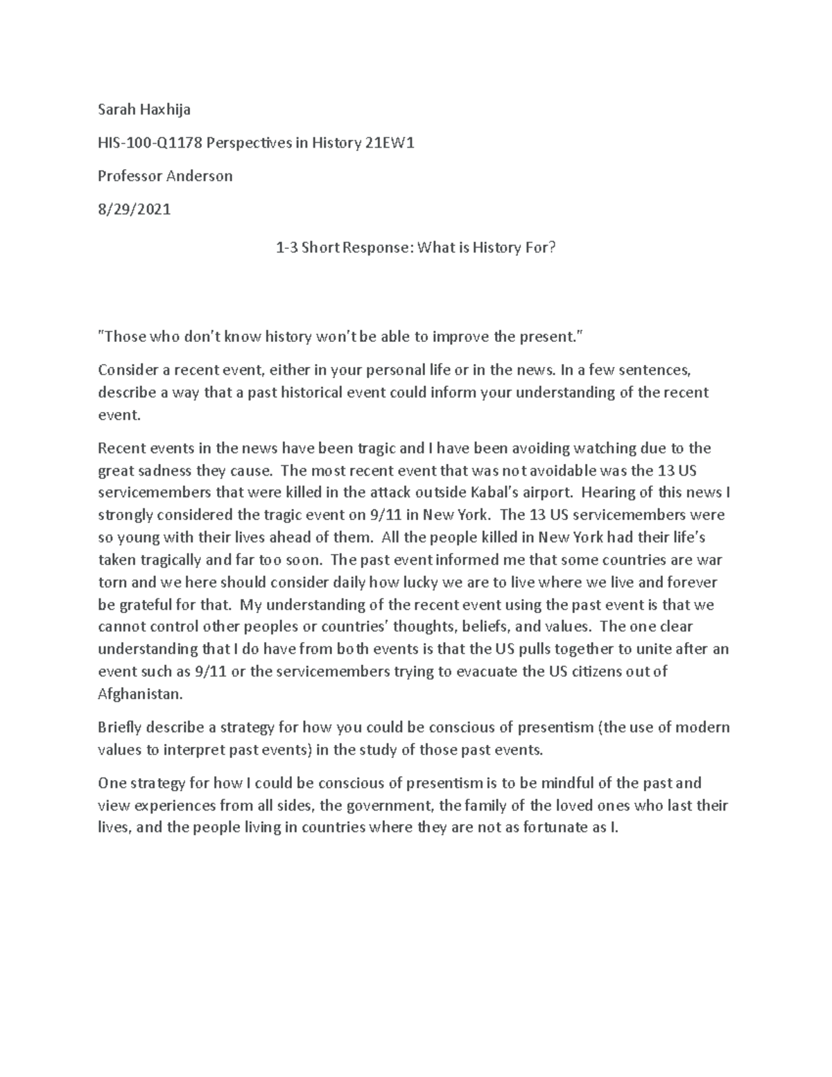 Perspectives in History 1-3 short response What is history for - Sarah ...