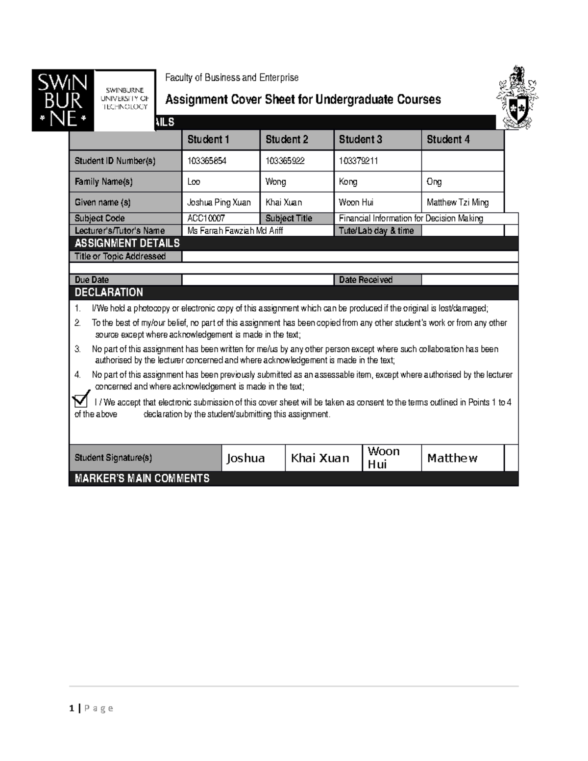 Acc analysis assignment - Faculty of Business and Enterprise Assignment ...
