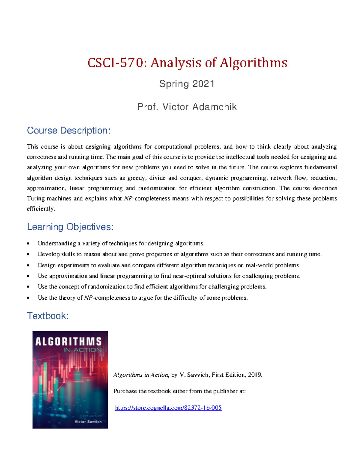 Algo Victor Spring 21 Syllabus - CSCI-570: Analysis of Algorithms ...