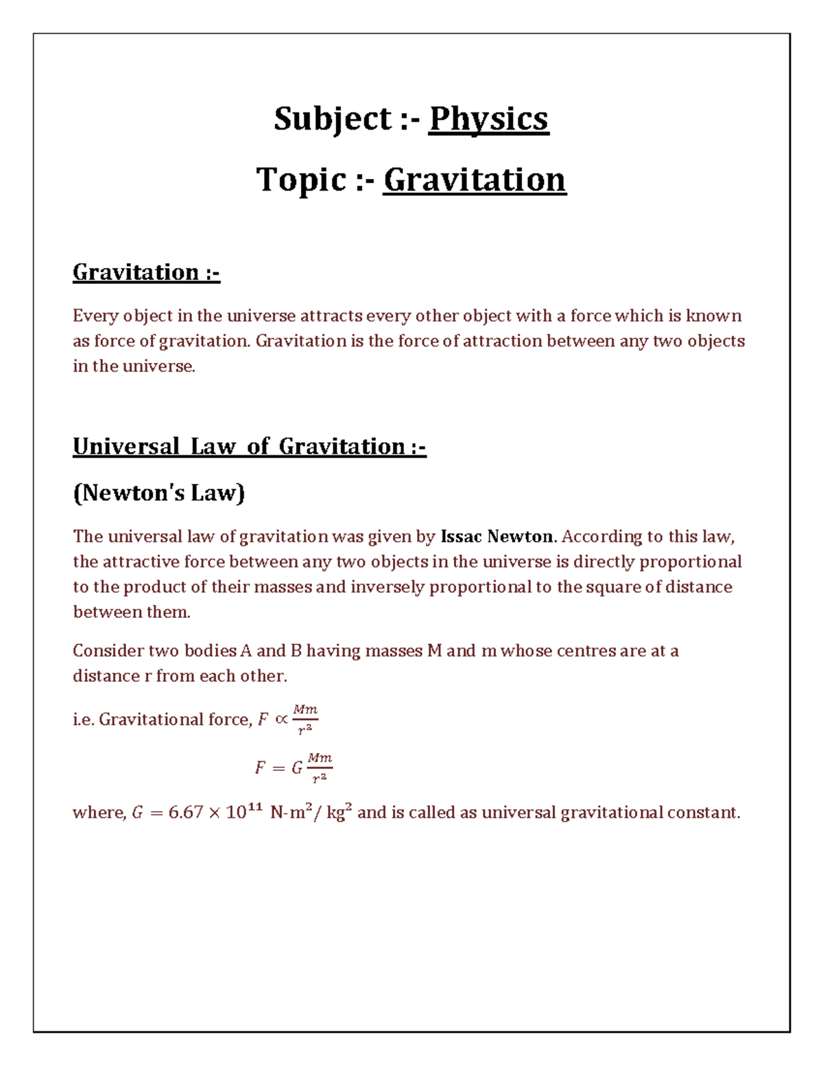 Gravitation class notes - Physics - Calcutta University - Studocu