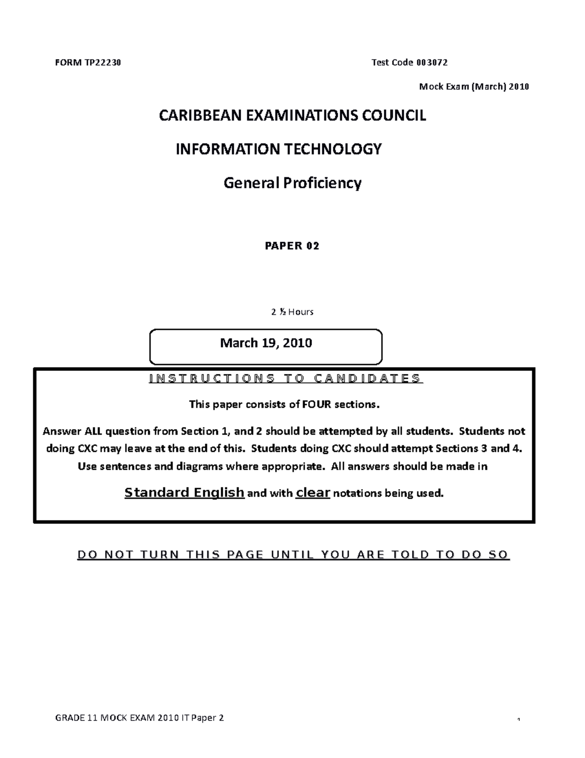 CXC IT Paper 1 and Alternative Paper Jan 2010 - FORM TP22230 Test Code ...