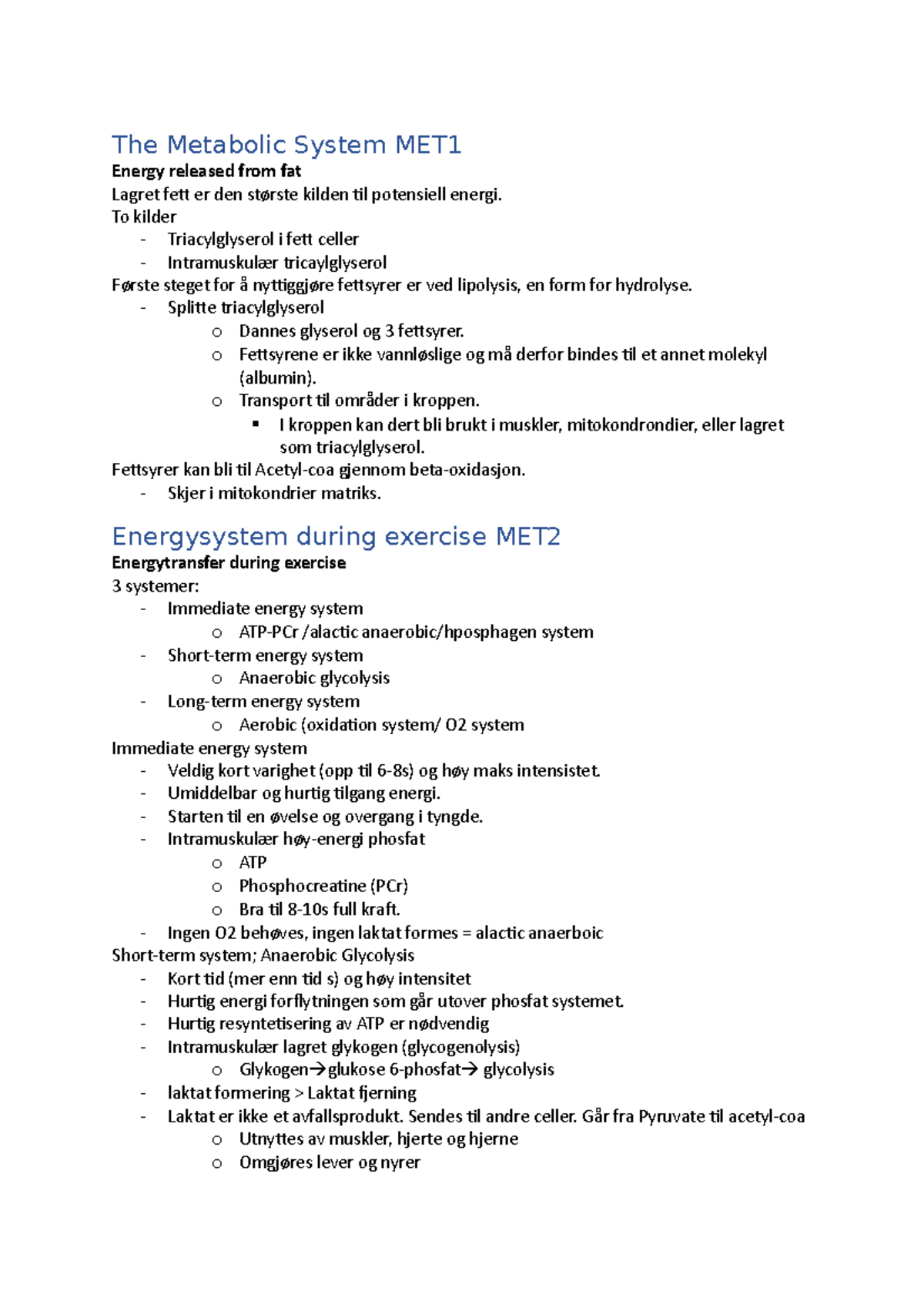The Metabolic System 1, 2 - BEV1011 - NTNU - Studocu
