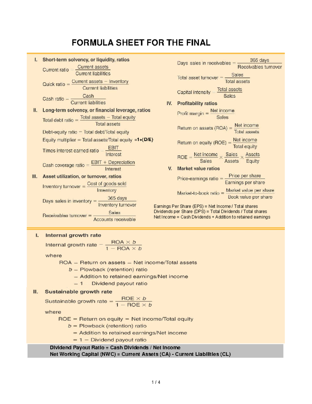 Corp Fin Formulas - FORMULA SHEET FOR THE FINAL Dividend Payout Ratio ...