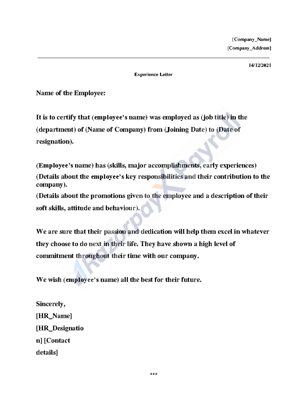 Experience Letter Format Design PDF - [Company_Name] [Company_Address ...