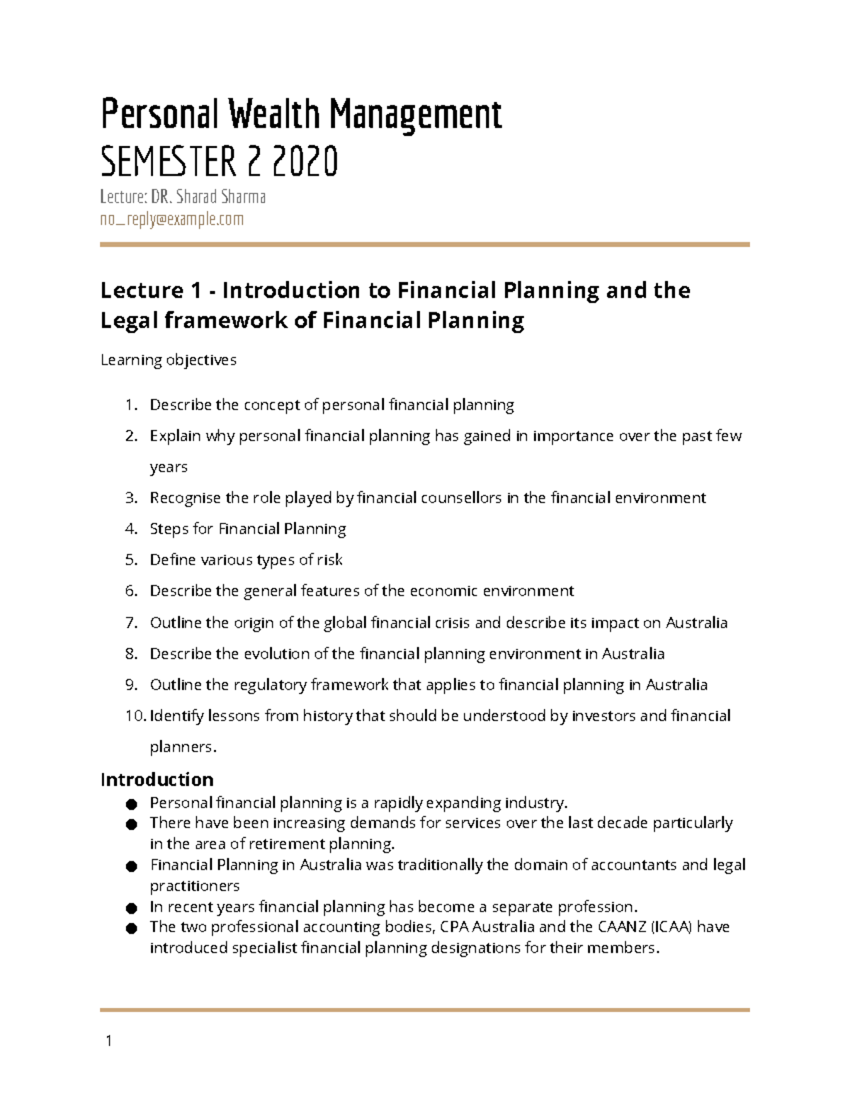 Personal Wealth Management - Personal Wealth Management SEMESTER 2 2020 ...