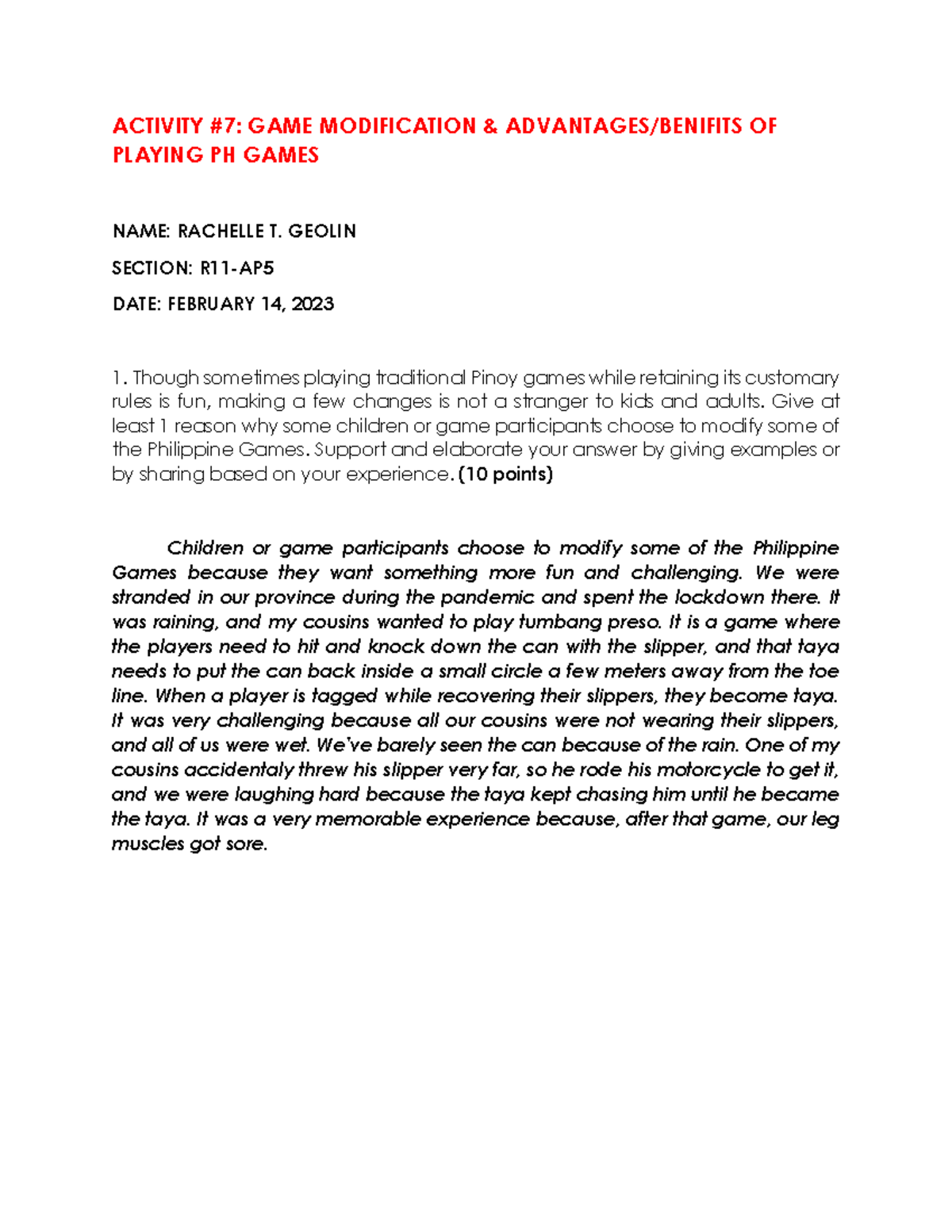 PE206 Activity 7 Geolin - ACTIVITY #7: GAME MODIFICATION & ADVANTAGES/BENIFITS OF PLAYING PH ...