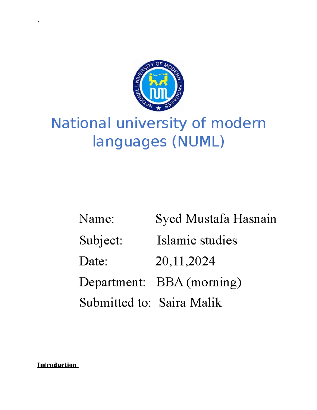 Islamyat assignment - National university of modern languages (NUML ...
