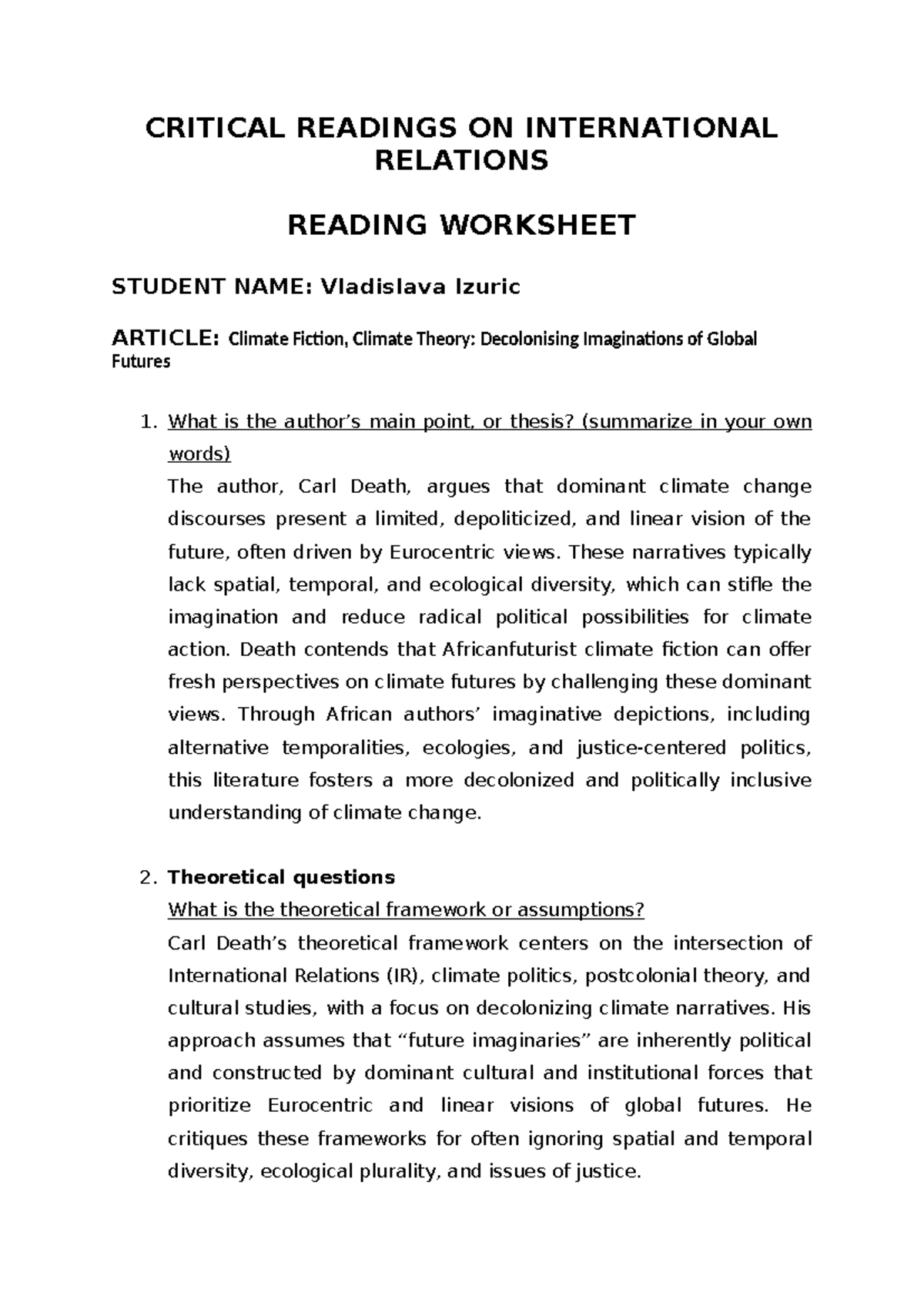 Reading Worksheet 1 - CRITICAL READINGS ON INTERNATIONAL RELATIONS ...